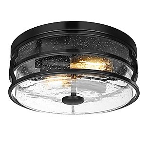 Flush Mount Ceiling Light Fixture, 12 Inch Close to Ceiling Light with Black Metal Cage, Modern Industrial Ceiling Lamp with Seeded Glass for Kitchen Hallway Bedroom Living Room Foyer