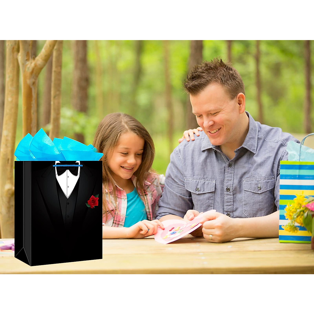 FLYAB Fathers Day Gift Bag with Handle 11.5" Large Fathers Day Gift Bag with Tissue Paper Groomsmen Tuxedo Wedding Gift Bags for Men Birthday Wedding Bridal Showert Bags Party Favor