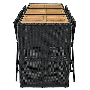 Outdoor Patio 7-Piece Rattan Dining Table Set, PE Wicker Bar Furniture Set with Wood Tabletop and 6 Dining Chairs for Backyard, Garden(Black2-7PCS)