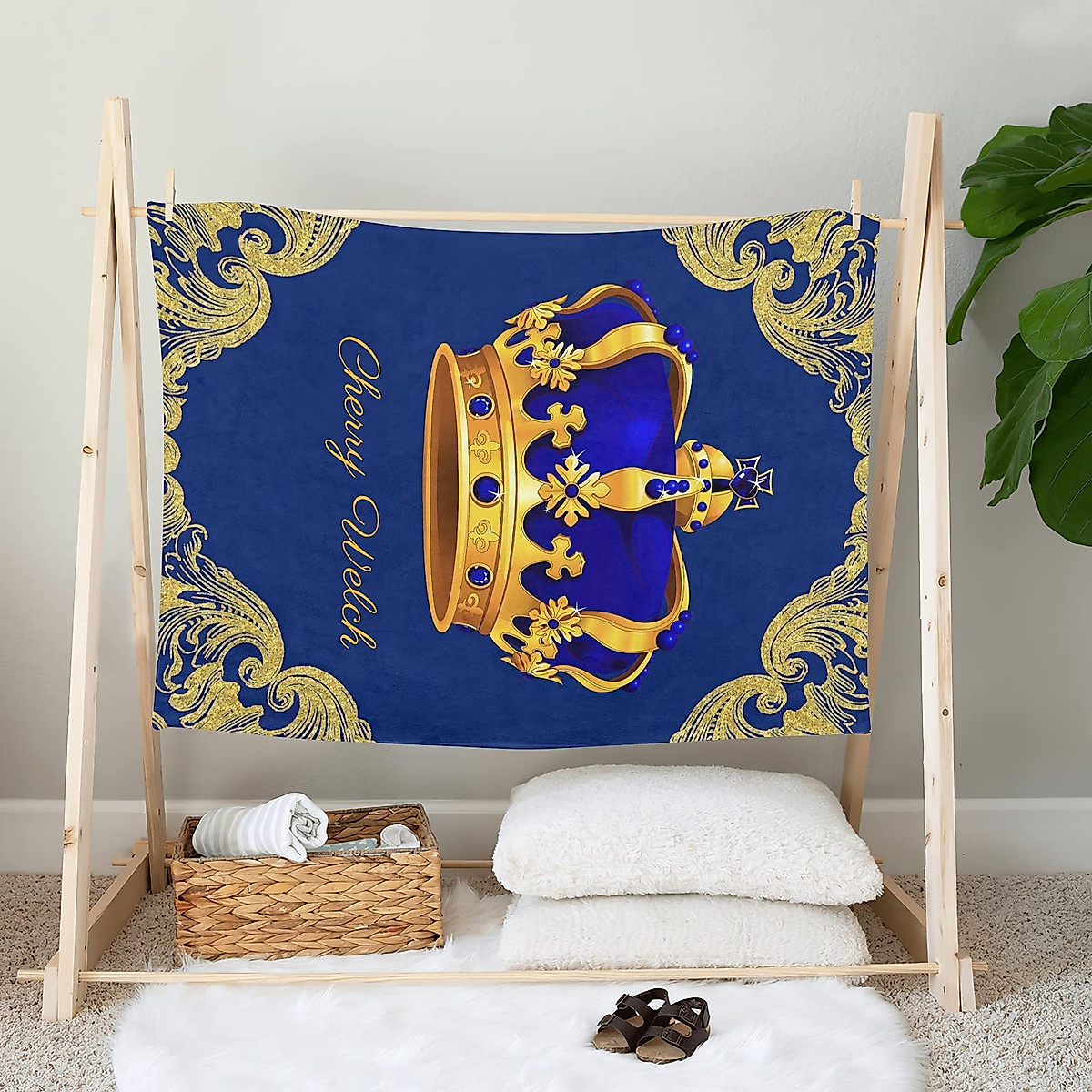 Yeshop Personalized Baby Blanket Blue Golden Crown Custom Nursery Swadding Blankets 30x40 Inches for Baby Boy Girl with Name Baby Shower Birthday Gift