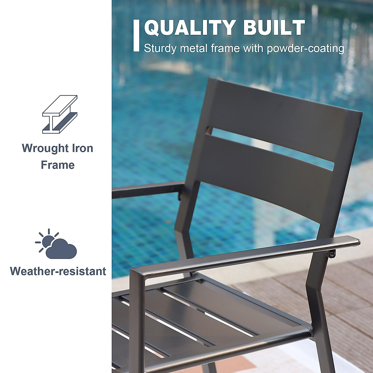 VICLLAX Patio Dining Chairs Set of 2, Stackable Metal Chairs Set with Armrests for Poolside, Backyard, Garden, Deck, Porch, Grey