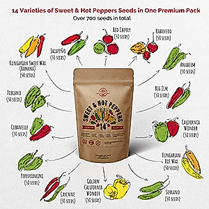 14 Sweet & Hot Peppers Seeds Variety Pack 700 Seeds Non-GMO Peppers Seeds for Planting Outdoor & Indoor Home Gardening Anaheim Jalapeno Habanero Cayenne Serrano Poblano Cubanelle Pepperoncini & More