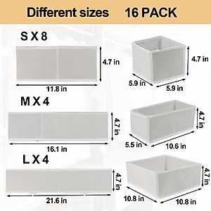 Fordonral 16 Pcs Drawer Organizer,Fabric Closet Organizer and Storage Baskets,Foldable Drawer Divider for Clothing,Sock,Ties,Underwear Drawer Organizers,Cabinet Storage Boxes (White)