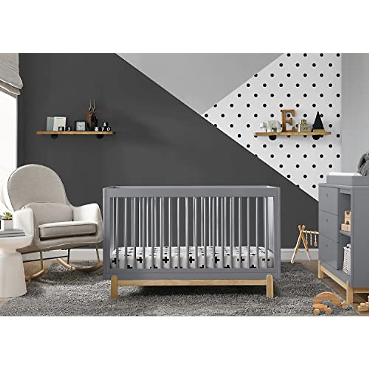 Delta Children Poppy Crib 7-Piece Baby Nursery Furniture Set–Includes: Convertible Crib, Glider, Dresser, Changing Top, Crib Mattress, Sheets, & Changing Pad, Grey w/Natural