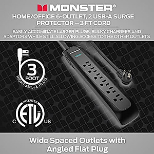 Monster 3ft Black Power Strip and Tower Surge Protector, Heavy Duty Protection, 300 Joule Rating and 6 120V-Outlets - Ideal for Computers, Home Theatre, Home Appliances, and Office Equipment