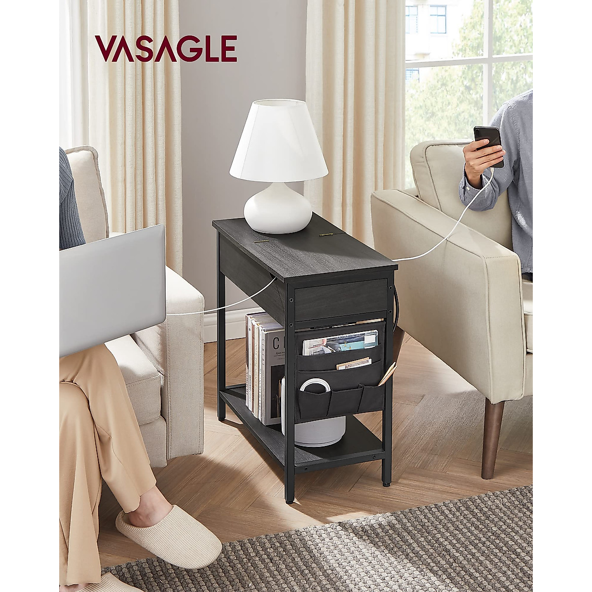 VASAGLE Side Table with Storage, End Table with USB Ports and Outlets, Nightstand with Charging Station, Fabric Bags, for Living Room, Bedroom, Ebonized Oak Finish and Black ULET310B42