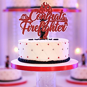 Congrats Firefighter Cake Topper, Congrats Firefighter Cake Topper, Congratulations Future Fireman, Fire Academy Graduation Party Decoration Supplies, Red Glitter