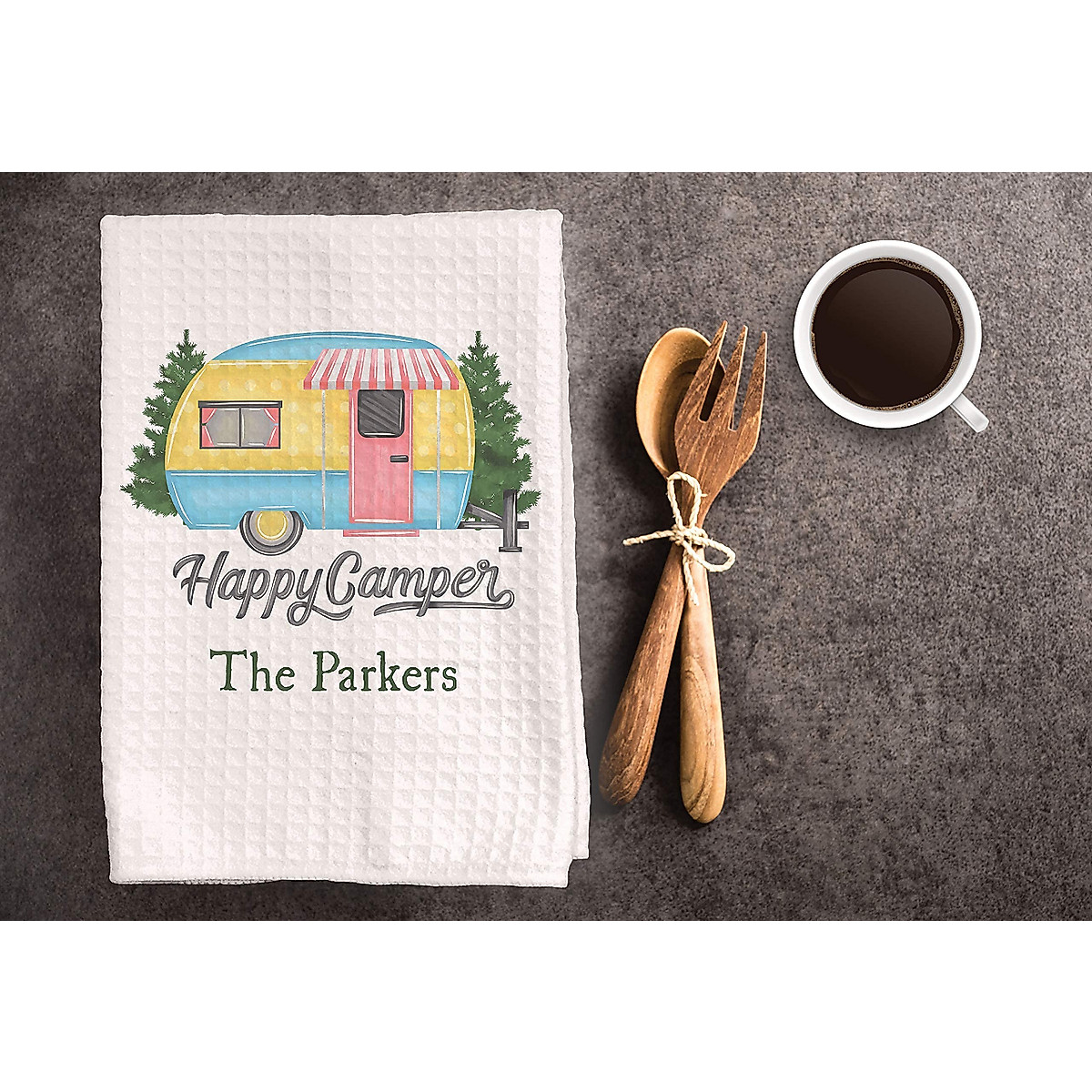CANARY ROAD Happy Camper Waffle Weave Dish Towel | Personalized Kitchen Towel | Travel Trailer Gift | Camper Accessories | Personalized Dish Towel | Camper Decor