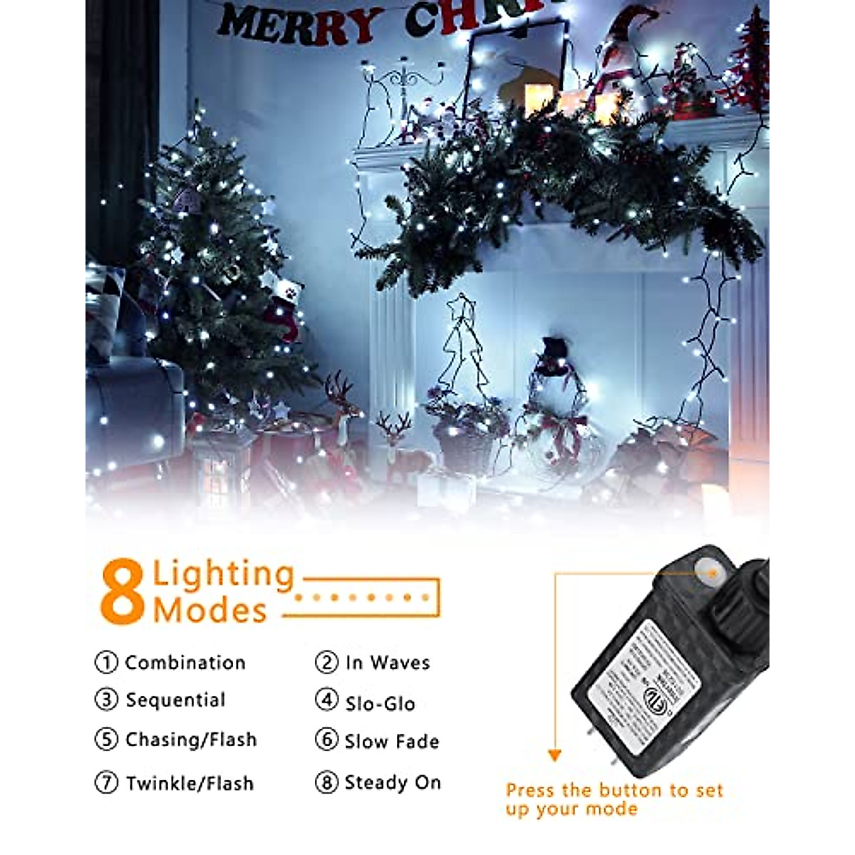Flacchi White Christmas Lights 82Ft 200 LED Timer 8 Modes Low Voltage String Lights Indoor Outdoor