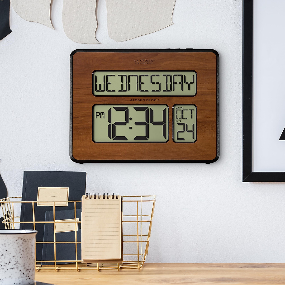 La Crosse Technology 513-1419-WA-INT Atomic Large Full Digital Calendar Clock, Walnut, 9.84"L x 1.14"W x 7.48"H