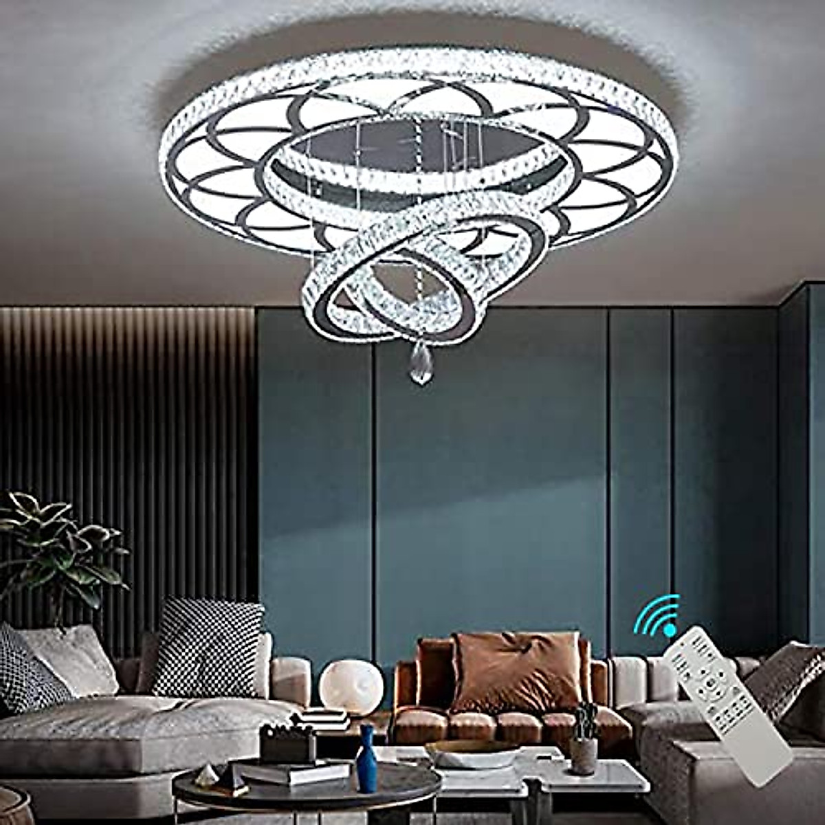 W24'' Modern Crystal Chandeliers Living Room Crystal Ceiling Chandeliers Crystal 3 Ring Pendant light Chandeliers Dining Round Fixture Bedroom Empire Remote Dimmable LED (3000K-6000K) Fixtures