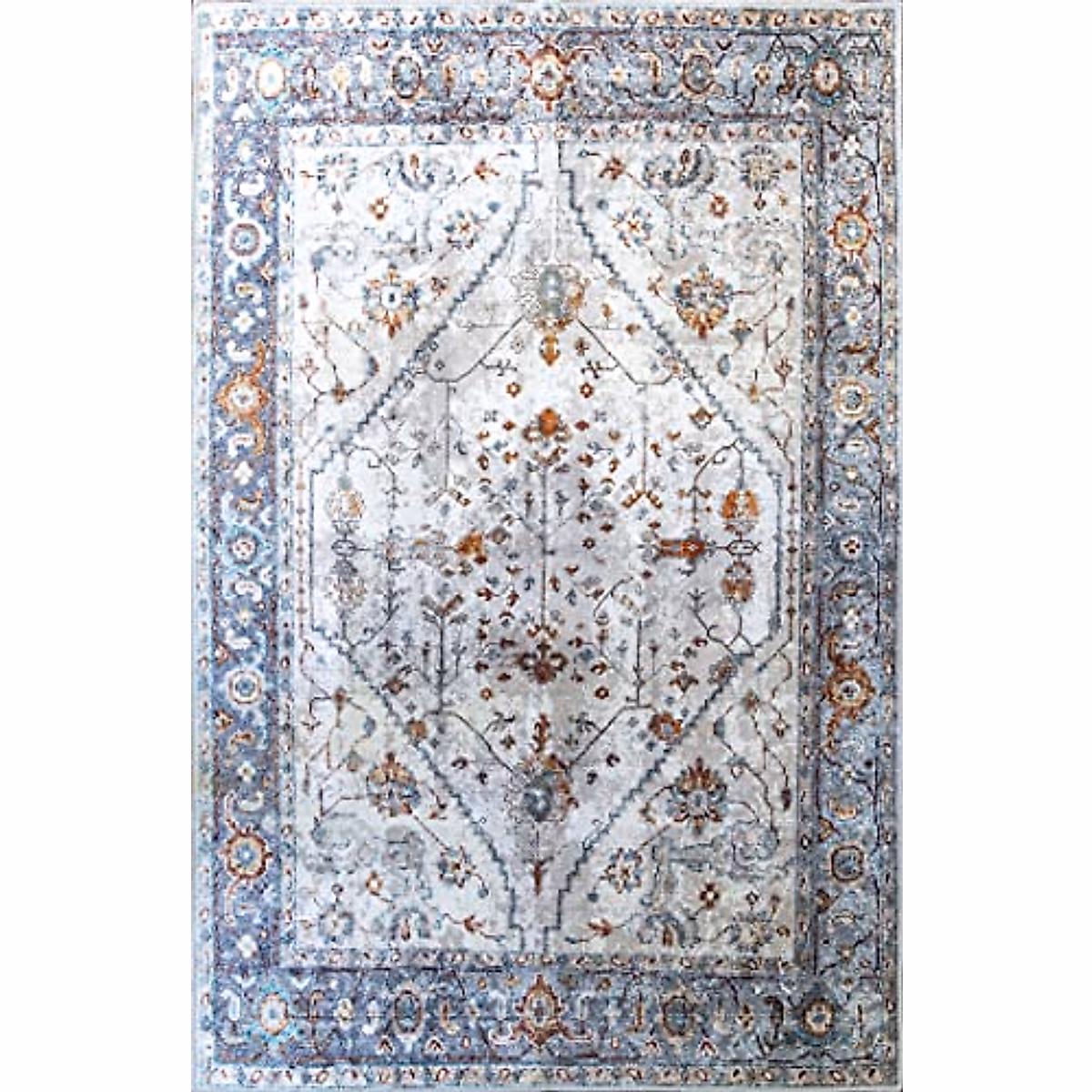 Softwoven Rugs, 9x12 Machine Washable Rug, 90% Cotton, Non-Slip, Family & Pet Friendly, Stain Resistant, Non-Shed, Traditional Vintage Area Rug for Living Room, Hallway - Silver and Bronze