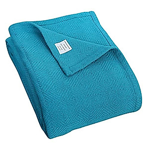 Cotton Throw Blanket Queen Size for Bed - Diamond Weave Blankets, Teal Soft Lightweight Woven Throw Blankets for Couch Bed Sofa Travel 100% Cotton Blankets & Throws - 90x90 inches