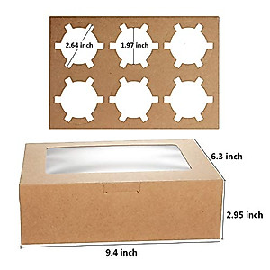 24 PCS Cupcake Boxes with Window & Insert - OAMCEG 9x6x3 Inch Kraft Cupcake Container 6 Cavity Bakery Pastry Dessert Muffin Cookie Treat Boxes, Brown Cupcake Carrier Holders with Stickers & Jute Twine