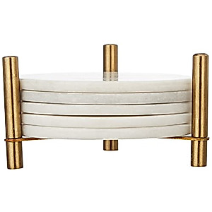 Queenza Marble Coasters for Drinks, Set of 6 Coasters with Holder, Pearl White Marble Coasters 3.5 Inch Wide 5 mm Thick Gold Coasters For Drinks, Both Side Polish For Scratch Free Surface Coaster Set