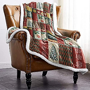 Christmas Red Plaid Throw Blanket, Soft Fluffy Sherpa Fleece Throws for Bed Sofa Xmas Tree Snowflake Print Pattern Blankets Christmas Decoration Gift for Kids Adults 50"x 60"