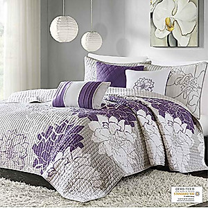 Madison Park Lola 100% Cotton Quilt Set - Casual Floral Channel Stitching Design, All Season, Lightweight Coverlet Bedspread Bedding, Shams, Decorative Pillows, King/Cal King(104"x94"), Purple 6 Piece