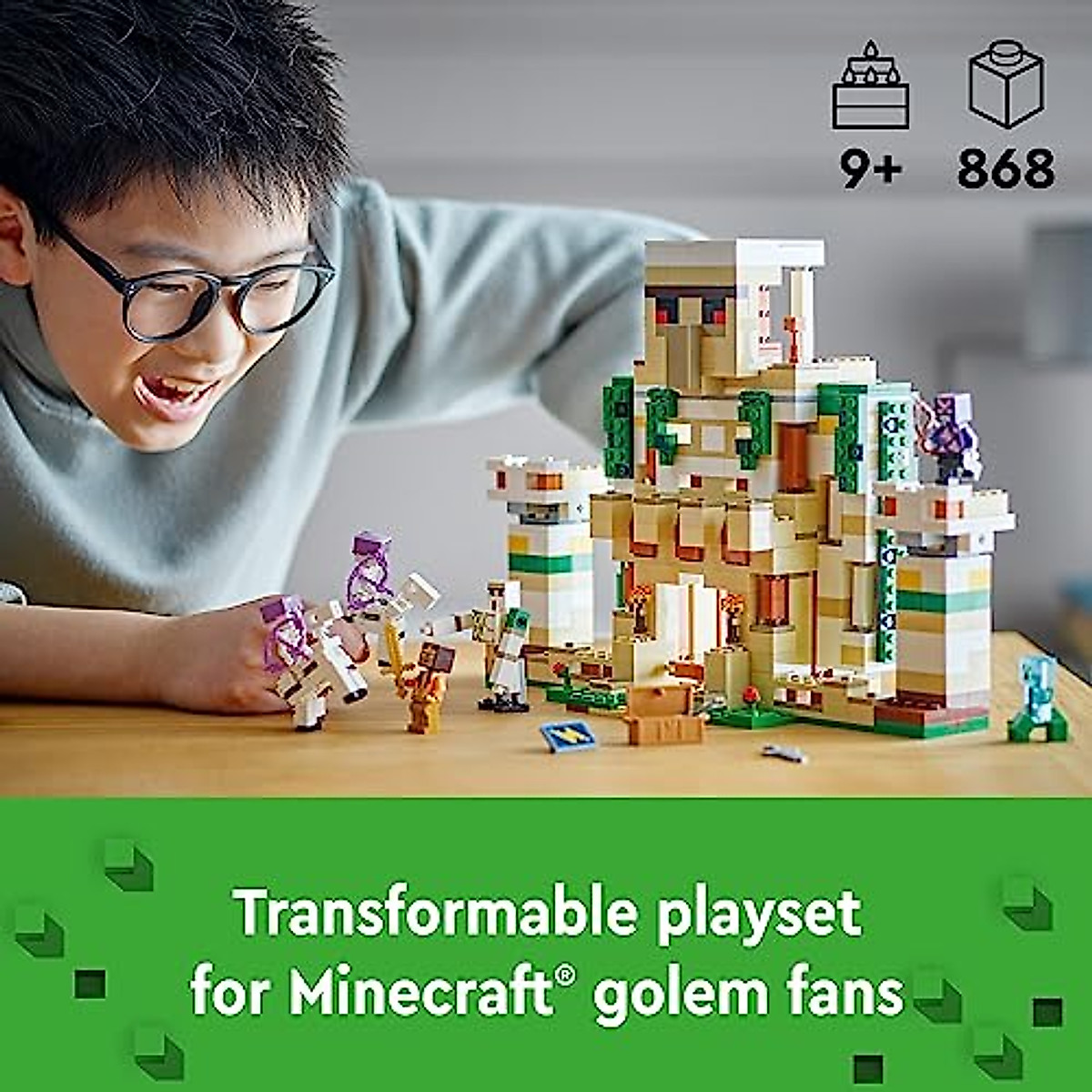 LEGO Minecraft The Iron Golem Fortress 21250 Building Toy Set, Playset Featuring a Crystal Knight and Golden Knight, A Fortress and a Giant Golem, Build and Display Minecraft Toy for 9 Year Old Kids