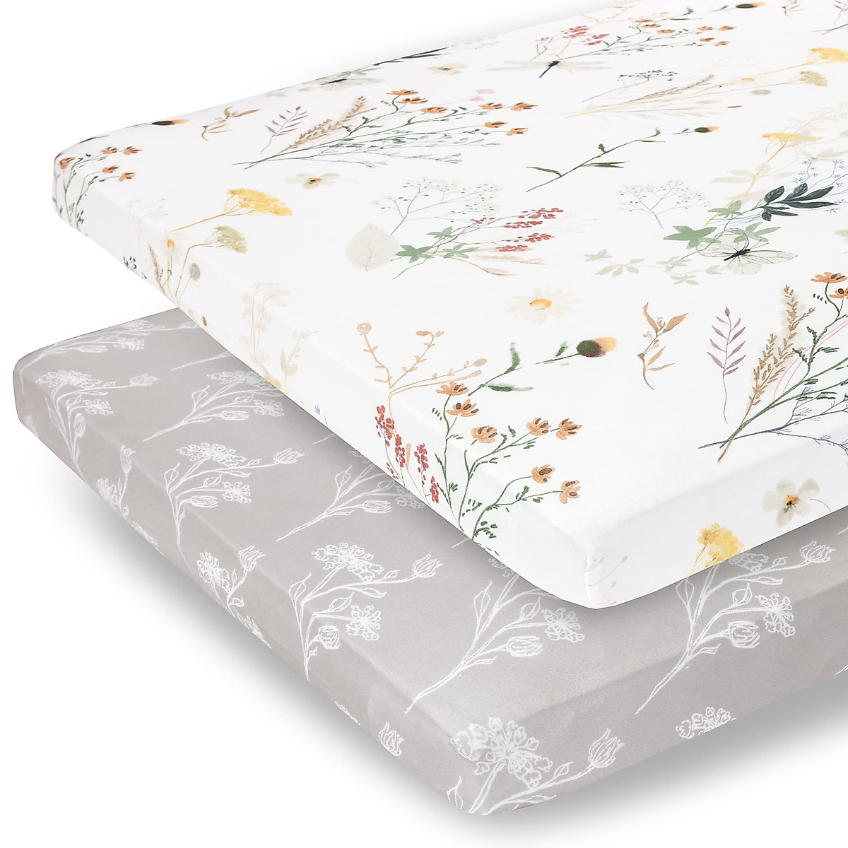 Pobibaby - 2 Pack Premium Pack N Play Sheets Fitted for Standard Pack and Plays and Mini Cribs - Ultra-Soft Jersey Knit, Stylish Floral Pattern, Safe and Snug for Baby (Wildflower)