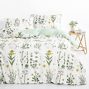 Wake In Cloud - Cottagecore Botanical Duvet Cover Set, 100% Cotton Bedding for Girls, Floral Yellow Flowers with Green Leaves on White, 3pcs Queen Size