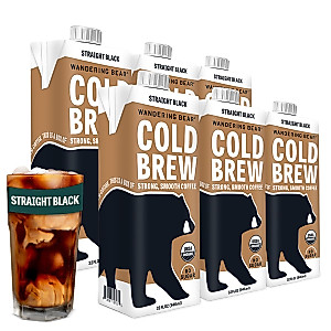 Wandering Bear Straight Black Organic Cold Brew Coffee, Iced Coffee, 32 fl oz, 6 pack - Extra Strong, Smooth, Unsweetened, Shelf-Stable, Ready to Drink, Cold Brewed Coffee, Cold Coffee