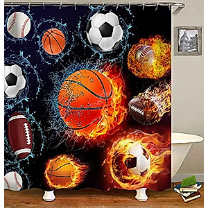 Camille&Andrew 4PCS Sports Shower Curtain Set, Water Fire Basketball Soccer Baseball American Football Cool Men Teen Boys Bathroom Decor, Waterproof Fabric Navy Blue Shower Curtain, Non-Slip Bath Mat