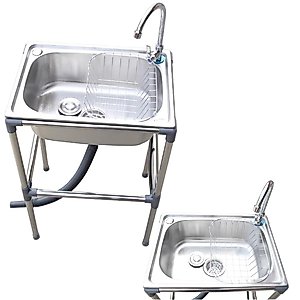 HCZION Outdoor Sink Small Kitchen Sink Free Standing Utility Sink with Faucet, Stainless Steel Single Bowl Sink, Simple Sink for Backyard Garage Restaurant (Color : Cold, Size : 38x33cm/14.9x12.9in