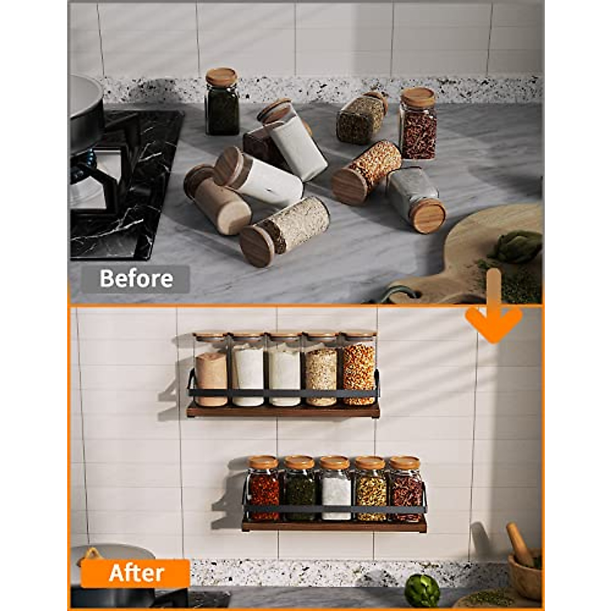 SWTYMIKI Spice Rack Wall Mount, 2 Pack Rustic Natural Wood Spice Rack Organizer for Cabinet, Hanging Spice Shelf for Kitchen Seasoning Organizer, Cabinet Organizer and Wall Storage