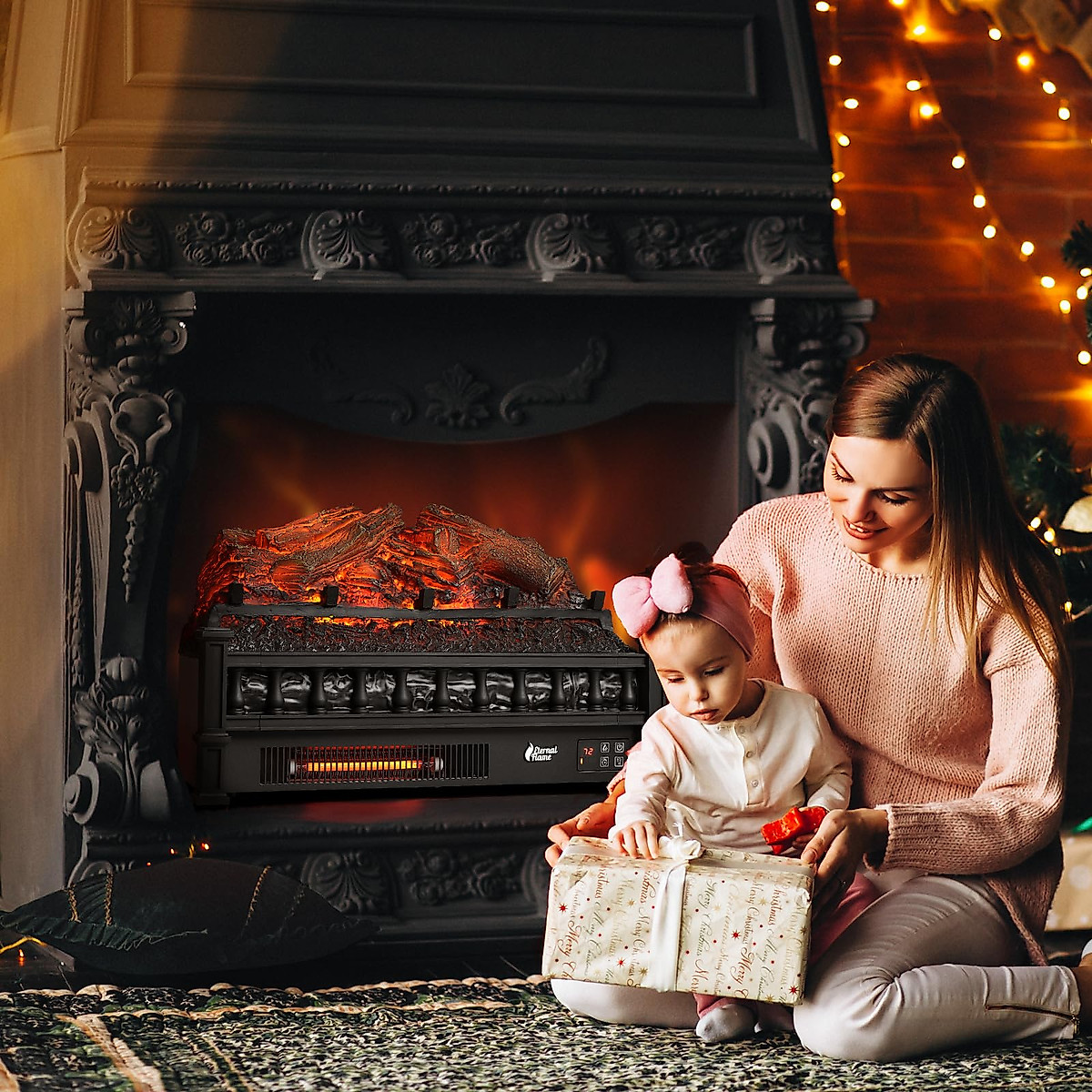 TURBRO Eternal Flame Infrared Electric Fireplace Logs, 23" Infrared Quartz, Remote Control Fireplace Insert Log Heater, Realistic Lemonwood Ember Bed, Thermostat, Timer, 1500W Black
