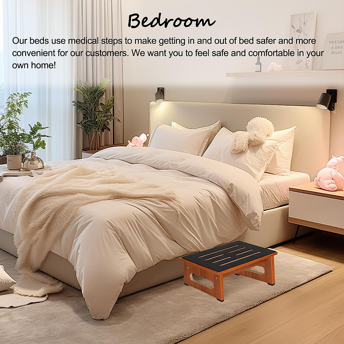 One Step Wooden Step Stools for Adults Kids, Heavy Duty Stepping Stools Wooden Bed Step Stools for High Beds, 6.9" Non-Slip Bedside Foot Stool for Bedroom, Office, Kitchen, Home, Bed, 450 Lbs Capacity