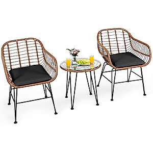 Tangkula 3 Pieces Patio Conversation Bistro Set, Outdoor Wicker Furniture w/Round Tempered Glass Top Table & 2 Rattan Armchairs, Bistro Chat Set w/Seat Cushions for Porch, Backyard (Black)