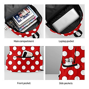 KiuLoam 17 Inch Backpack Red White Polka Dot Laptop Backpack Shoulder Bag School Bookbag Casual Daypack