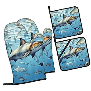 Oven Mitts and Pot Holders Set of 4 Ocean Fish Print Kitchen Oven Glove Fashion Heat Resistant Oven Gloves Set for BBQ Grill Baking Cooking Oven Microwave