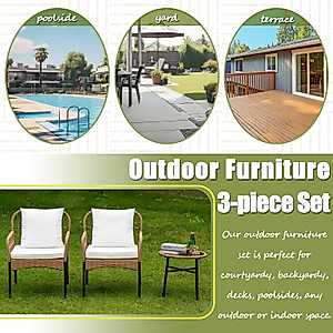 Homsido Patio Furniture Set 3 Pieces Small Boho Outdoor Rattan Woven Chairs Wicker Sofa Garden Conversation Balcony Bistro Sets for Yard,Pool or Backyard,Front Porch(Beige Wicker White Cushions)