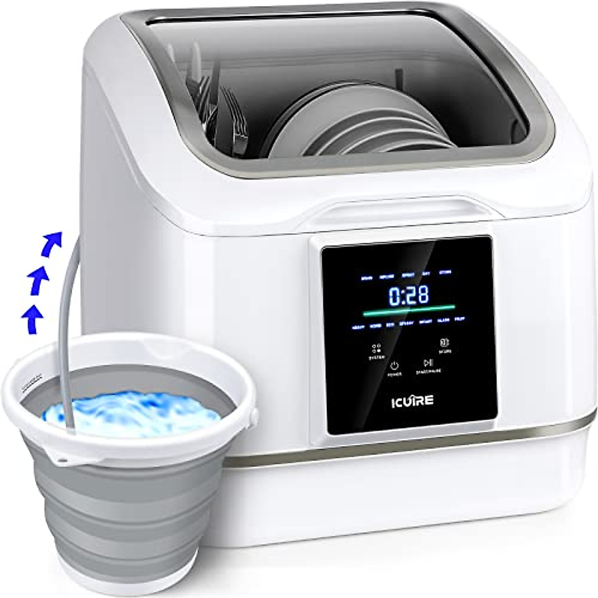 ICUIRE Portable Dishwasher Countertop, No Hookup Needed, 7 Programs, PTC Air-Dry, Anti-Leakage, Fruit & Vegetable Soaking, Mini Dishwasher for Apartments, Dorms and RVs