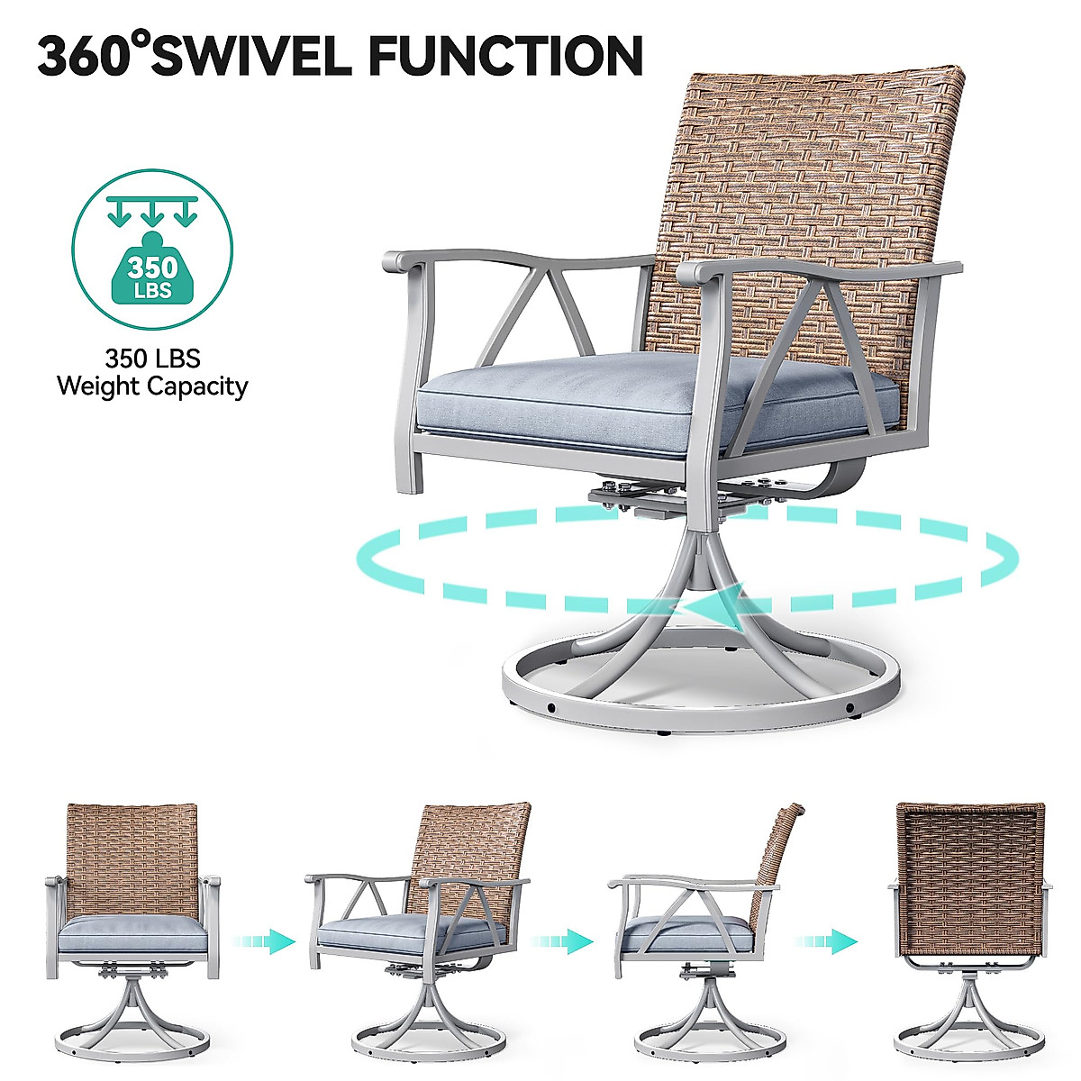 YITAHOME 5-Piece Patio Dining Set, Outdoor Wicker Conversation Furniture w/4 Swivel Dining Chairs and 2" Umbrella Hole Imitation Wood Grain Dining Table for Backyard, Balcony and Garden