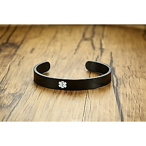 MEALGUET Stainless Steel Cuff Medical Alert ID Bracelet Open Metal Custom Medic Identification Cuffs Bangle for Men Women,7.7-8 Inches,Black Ion Plated