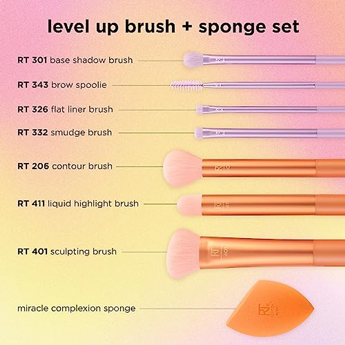 Real Techniques 8 Piece Level Up Brush And Sponge Set, Makeup Brushes For Eyeshadow, Foundation, Blush, & Bronzer, Makeup Blending Sponge, Synthetic Bristles, Stocking Stuffer, Cruelty-Free