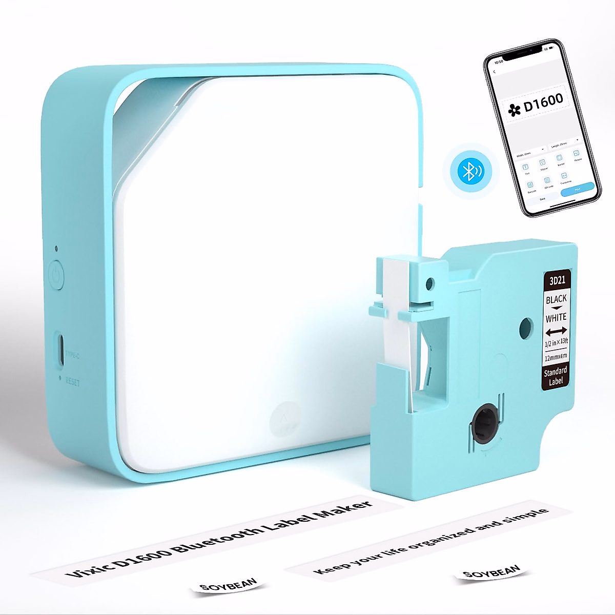 Vixic Label Maker Machine with Tape D1600 Label Maker Bluetooth Label Printer Sticker Maker for Phone Labeler Machine with Multiple Templates for Home, Office, School, Storage, Kitchen, Gift Labeling