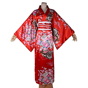 Women Japanese Kimono Robe Sweet Floral Patten Japanese Kimono Cosplay Dress Outfit Women Silk Satin Bathrobe Sleepwear (Long Kimono Red)
