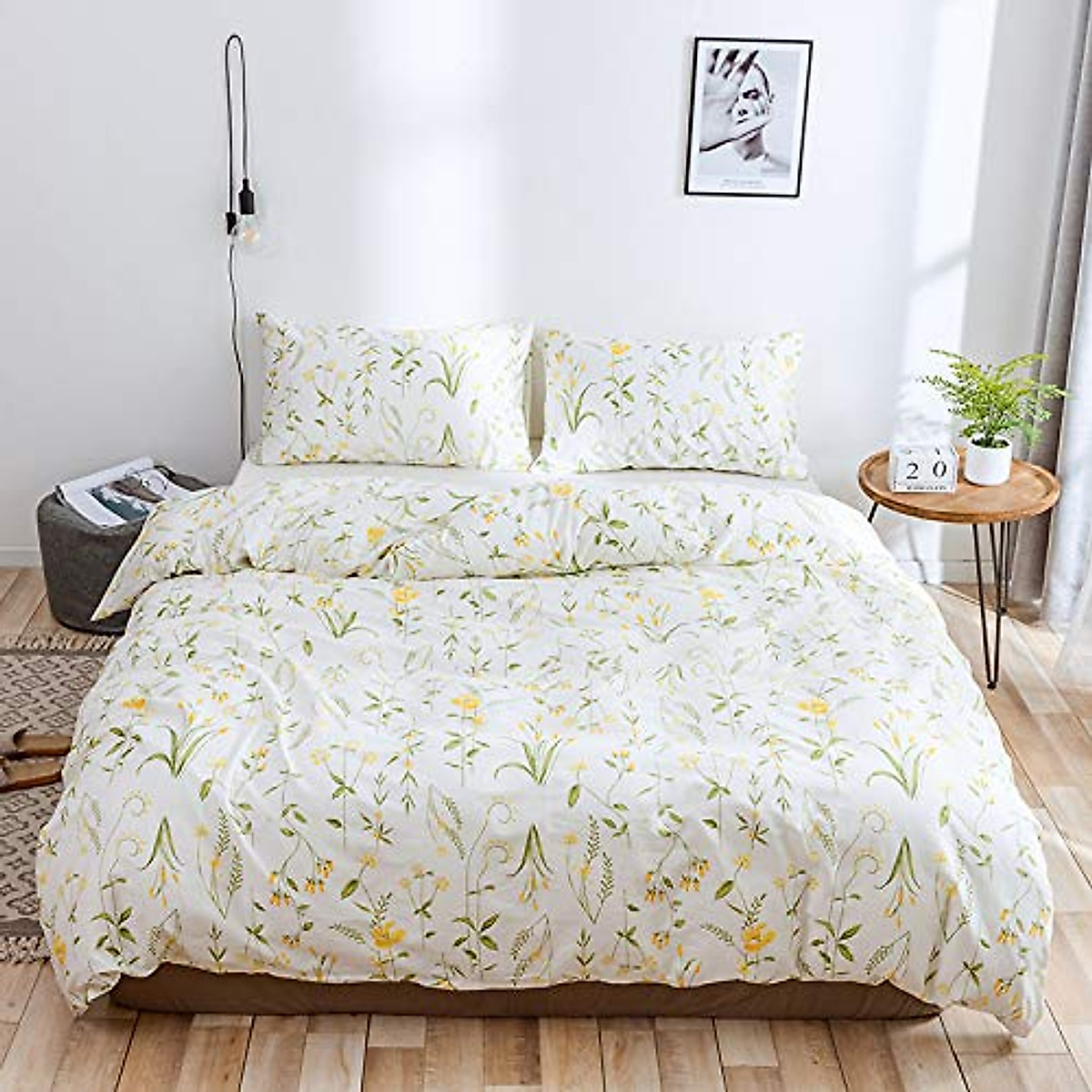 Lurson White Botanical Floral Duvet Cover Set Full Queen Size 100 Organic Cotton Boho Floral Bedding Set Yellow Green Flower Printed Reversible Comforter Quilt Cover Zipper Closure 3 Pieces (HH,Q)