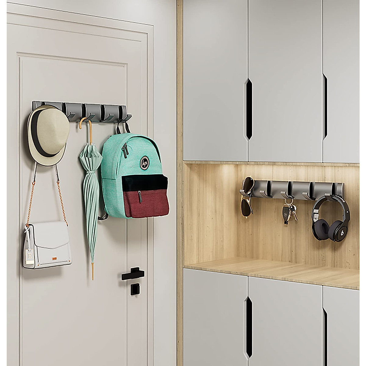 AISHEDYER Flip Wall Mounted Coat Hooks Floating Towel Rack, Aluminum Heavy Duty Wall Door Hanger with 3 Retractable Hooks to Hanging Clothes Hats Purses Keys - Grey, (MET-CH-004-GR)