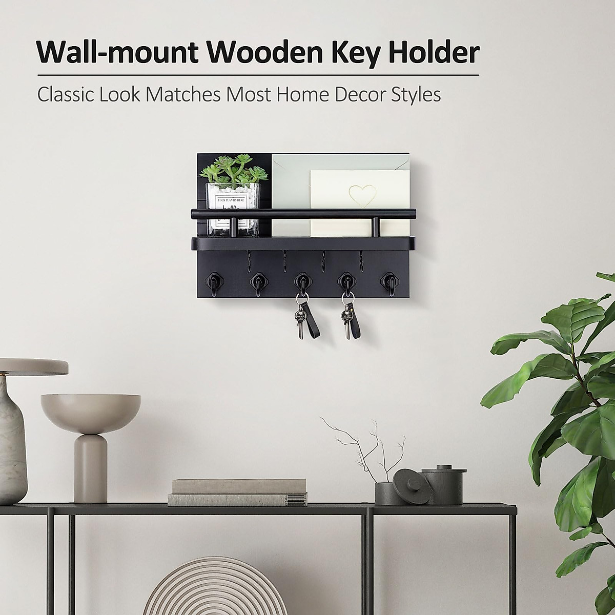 Nekon Key Holder for Wall with Shelf, Entryway Wall Organization with 9 Hooks, 9.8 Inch Wooden Key and Mail Holder with Mounting Screw Pack (Black)