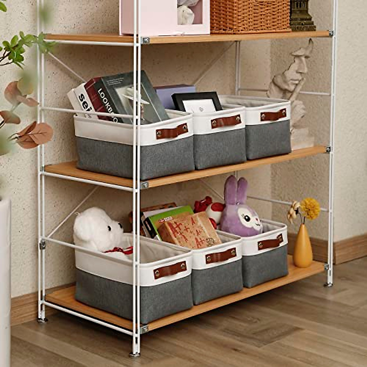 Storage Baskets[1 Pack], Foldable Fabric Storage Bins with Handles for Cupboards, Wardrobe, Shelves, Bathroom, Clothes, Toys, Towel (11.8 x 7.8 x 5.9 inches, White/Grey)