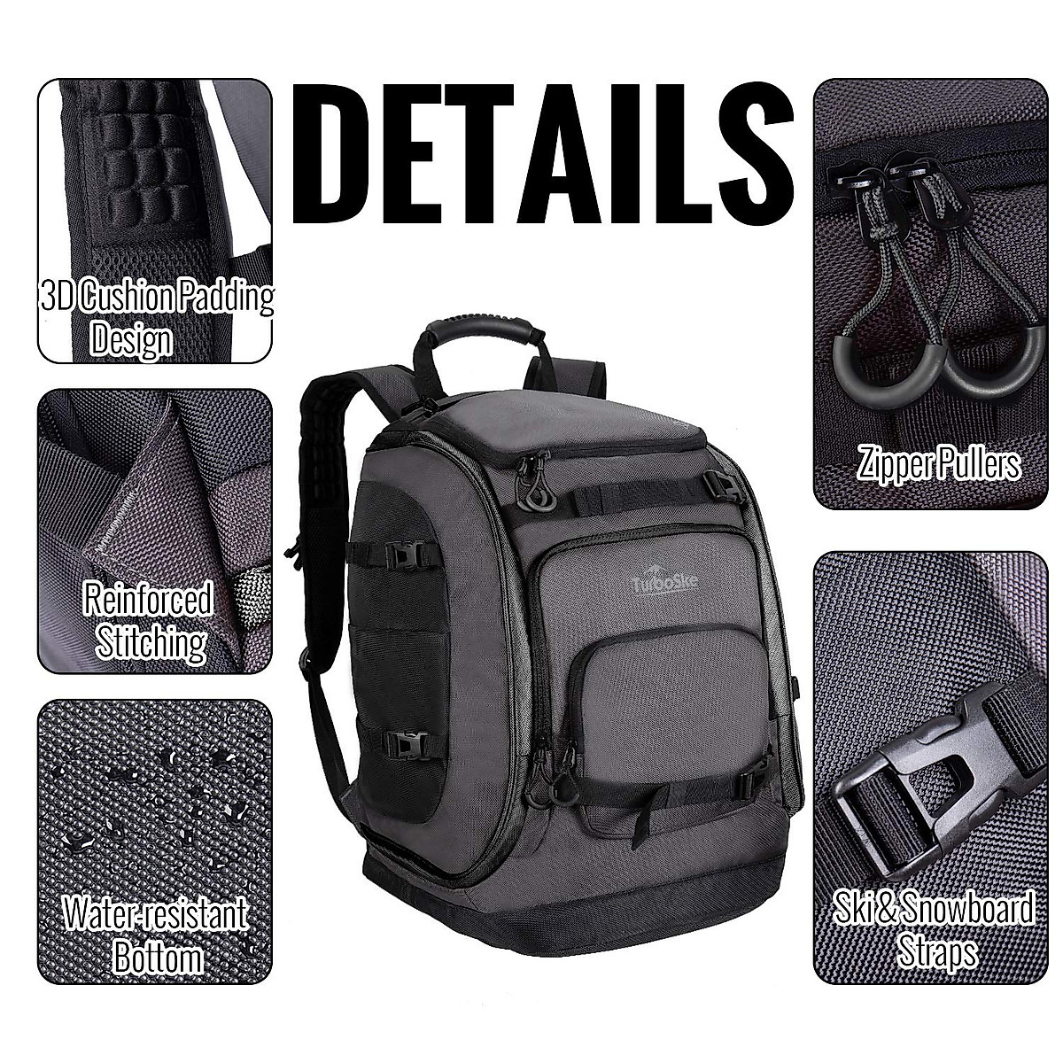 TurboSke Ski Boot Bag Backpack - 65L Waterproof Skiing Snowboarding Travel Luggage Backpack - Stores Boots Skis Snowboard Helmet Goggles Jackets Gloves & Other Accessories for Men & Women (Black)