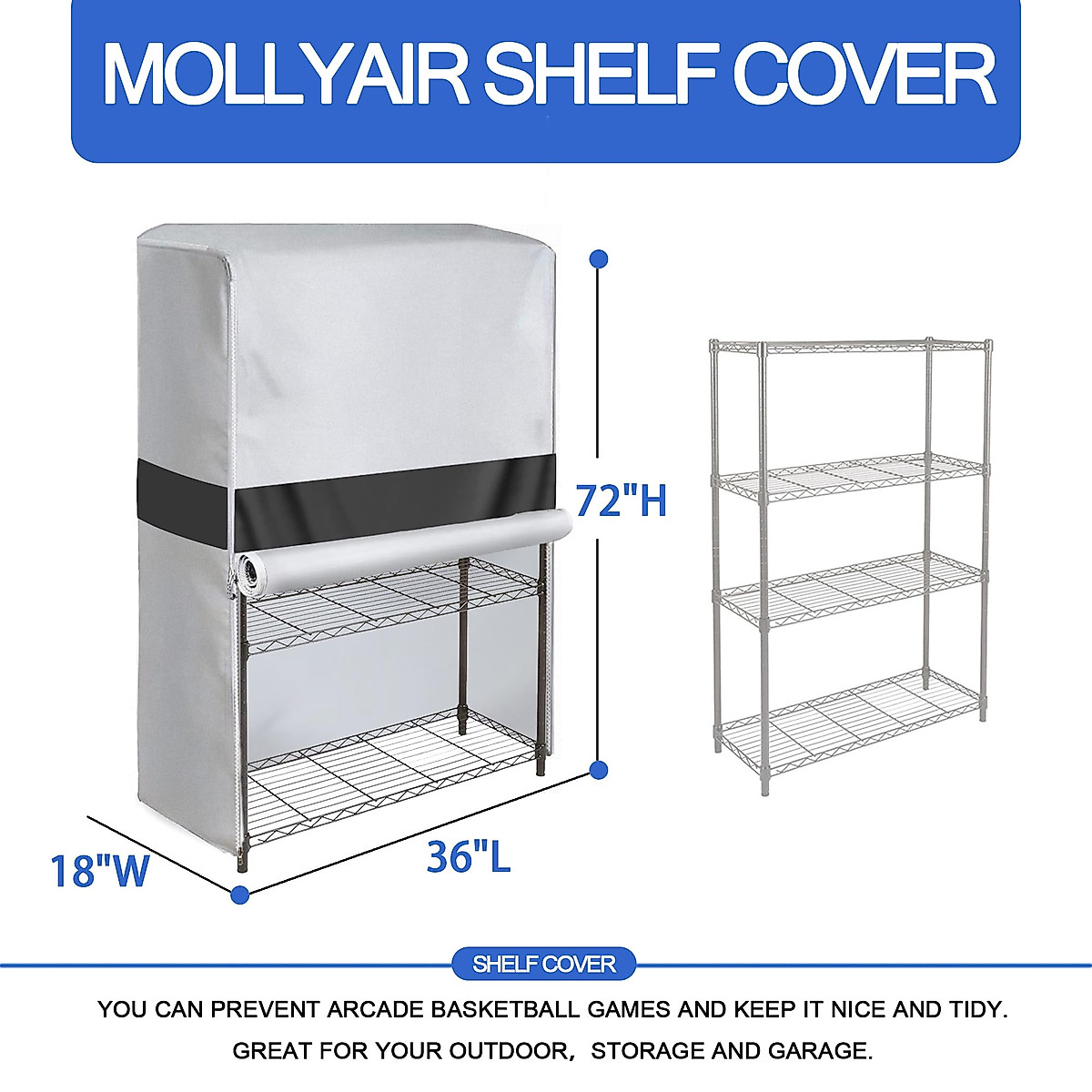MOLLYAIR Wire Shelf Covers,600D Heavy Duty Waterproof Dustproof Shelving Unit Cover, Rack Covers Suitable for Multiple Scenarios Such as Living Rooms, Kitchens, and More. (Silver Black,36x18x72 Inch)