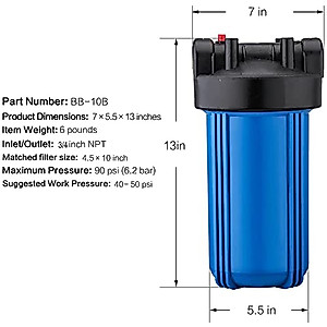 Geekpure 10-Inch Whole House Water Filter Housing with Wrench and Bracket-4.5 x 10 Inch-3/4-Inch Port