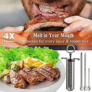 DePango Meat Injector, Stainless Steel Marinade Injector Flavor Syringe Kit with 2-oz Measurement Window for Smoker Food BBQ Grill, Cooking Turkey Chicken Steak Beef Brisket Pork-Chops, 3 Meat Needles