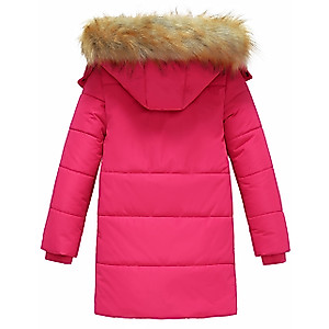 wantdo Girl's Winter Coats Long Puffer Coats Warm Fleece Jacket With Hood Rose Red 10-12