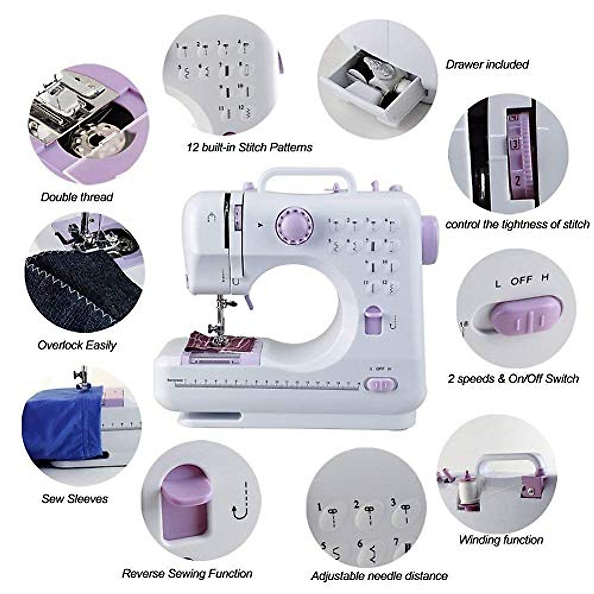 12 Stitch Multi-Function Sewing Machine, Household Sewing Machine, Electric Sewing Machine, Portable Sewing Machine,Double-line Two-speed Reverse Stitch